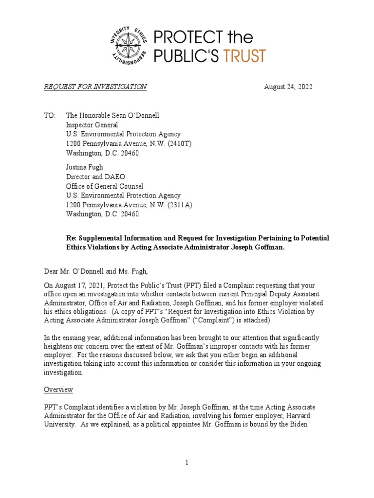 Supplemental Information and Request For Investigation Pertaining To ...