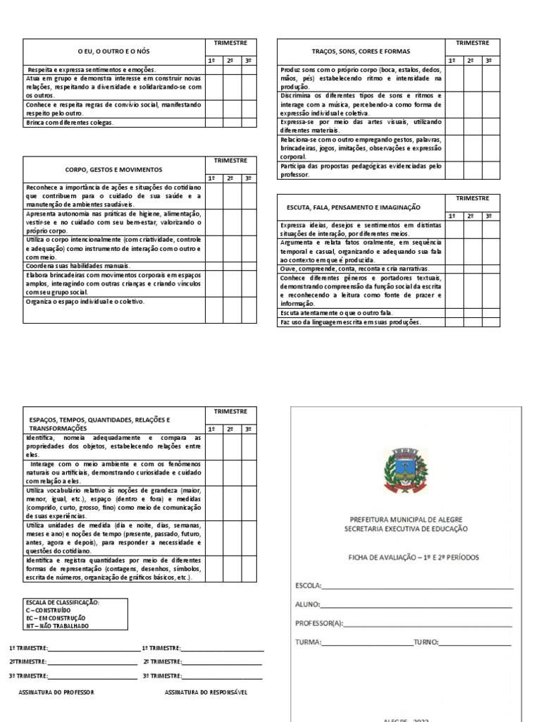 Ficha de Avaliação Pré Escola | PDF | Escrita | Cognição