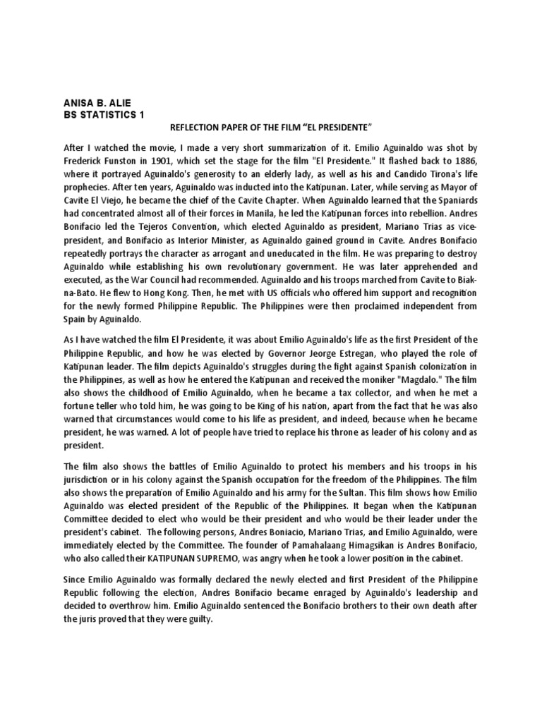 Reflection Paper of The Film El Presidente | PDF | Philippines