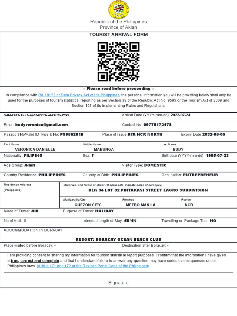Tourist Arrival Form: Republic of The Philippines Province of Aklan | PDF | Metro Manila ...