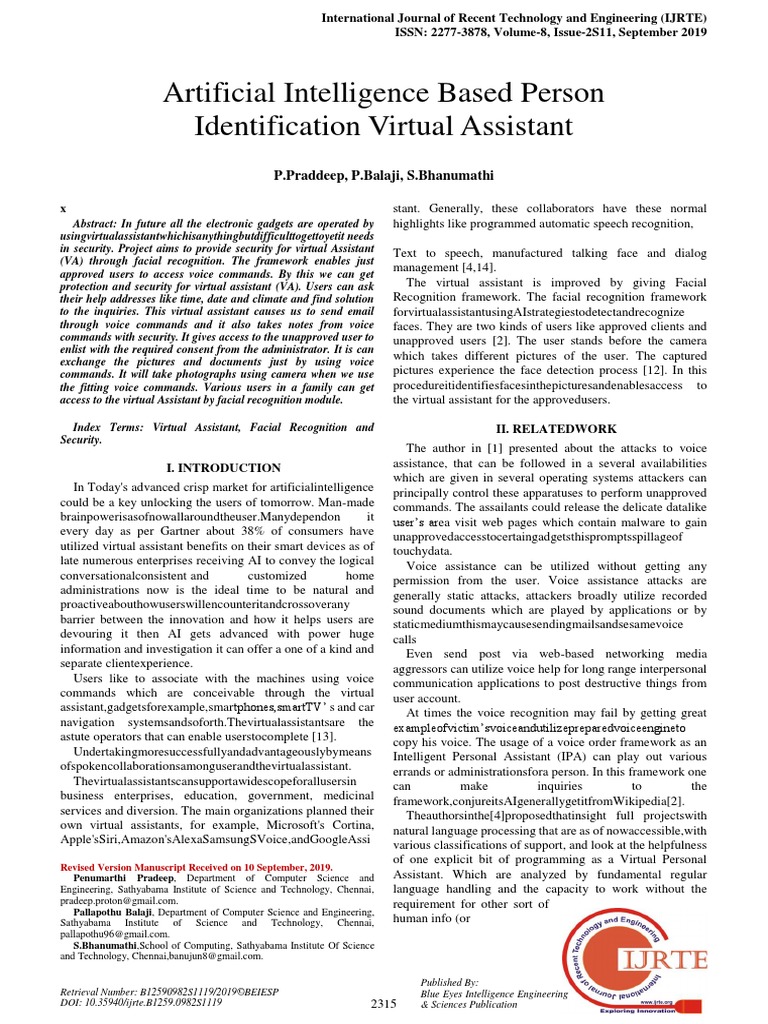 Artificial Intelligence Based Person Identification Virtual Assistant | PDF | Speech Recognition ...