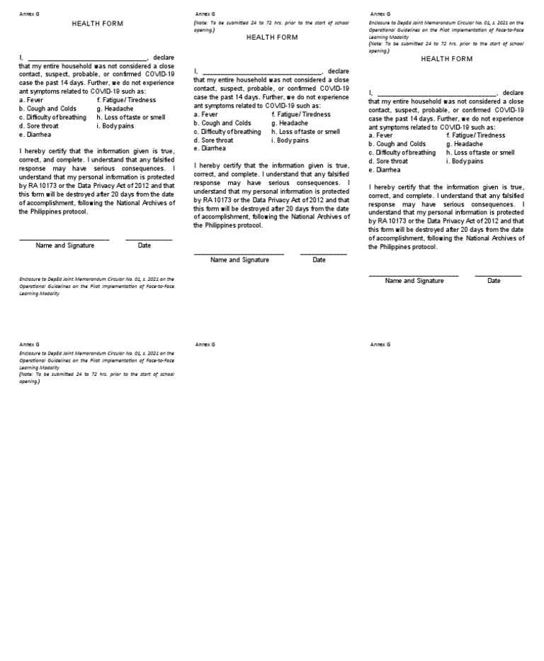 Health Form Health Form Health Form: Annex G Annex G Annex G | PDF ...