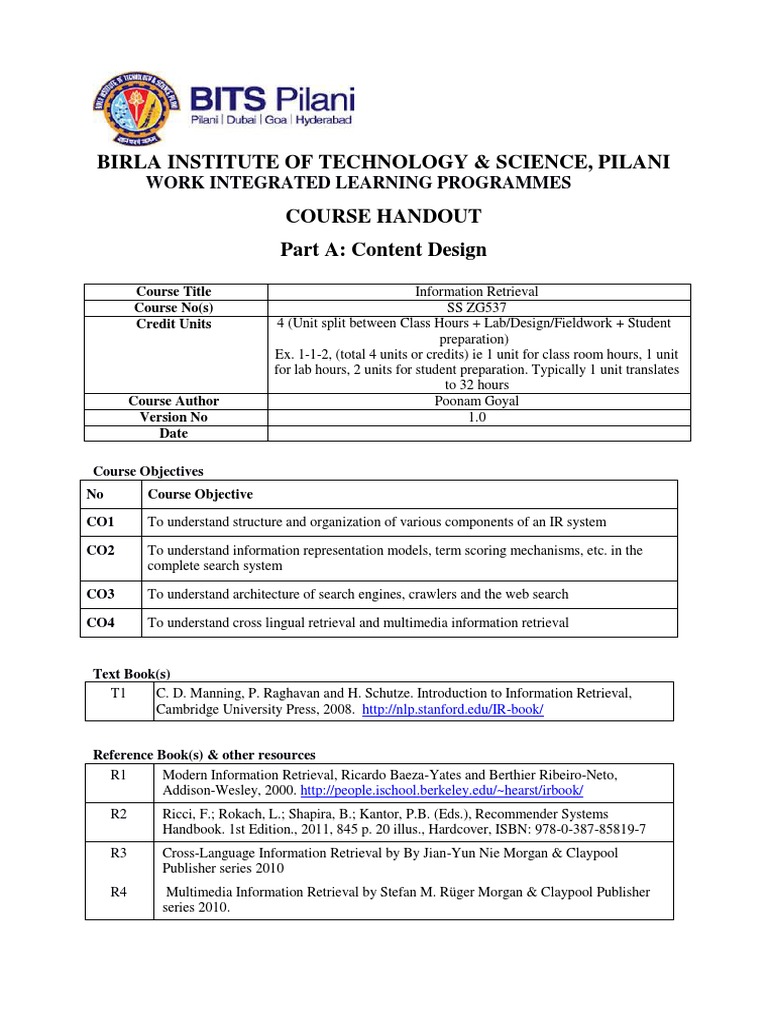 Info Retrieval Course Guide | PDF | Search Engine Indexing | Information Retrieval