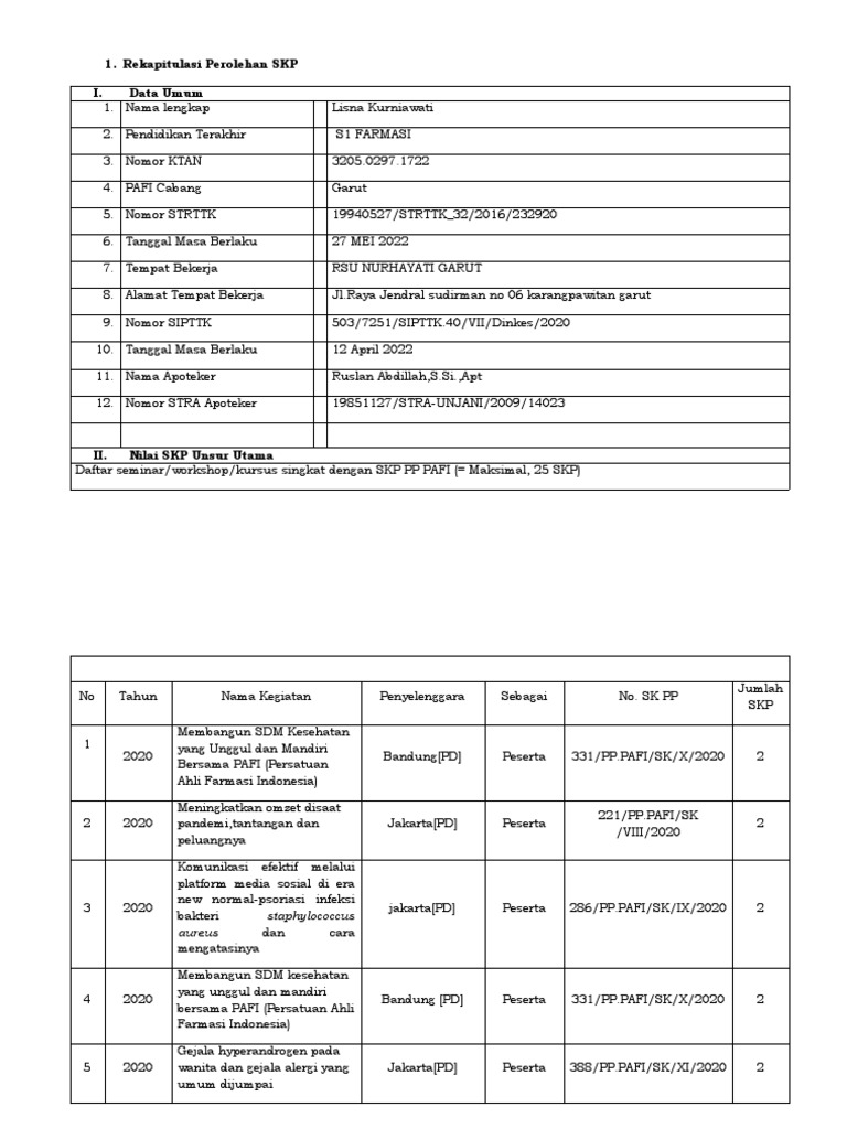 Rekapitulasi Perolehan SKP Lisna | PDF