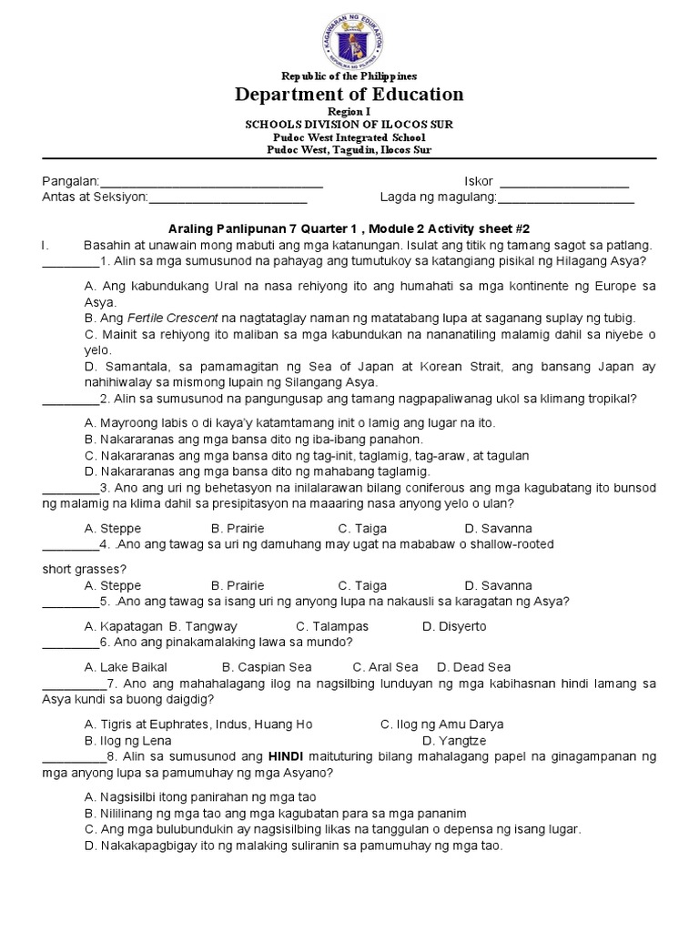 Department of Education: Araling Panlipunan 7 Quarter 1, Module 2 Activity Sheet #2 | PDF