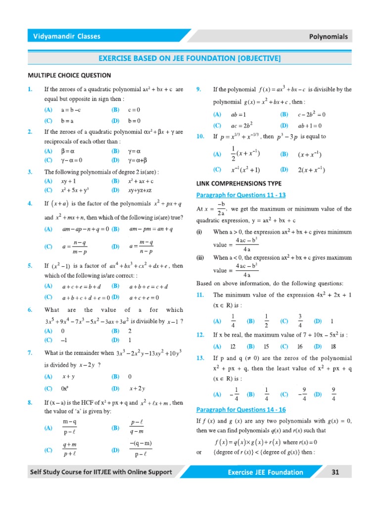 Polynomial Exercise JEE Foundation | PDF
