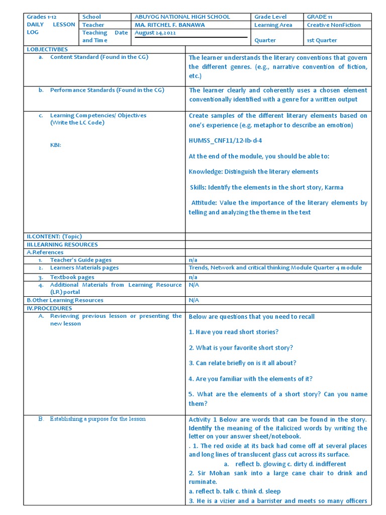 Grades 1-12 Daily Lesson LOG Ma. Ritchel F. Banawa: Identify The Meaning of The Italicized Words ...