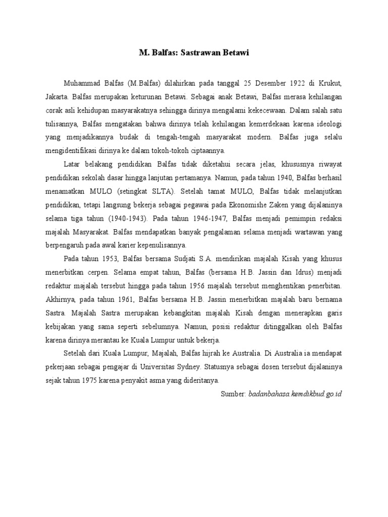 Biografi M. Balfas, Sastrawan Betawi | PDF | Fiksi Umum