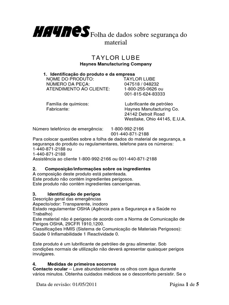 FISPQ Taylor Lube - 090.000.0003 Ficha Tecnica | PDF | Combustão | Desperdício