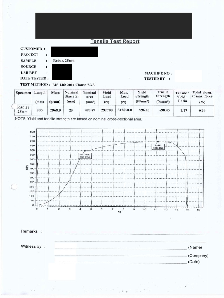 Sample Rebar Tensile Test Report | PDF