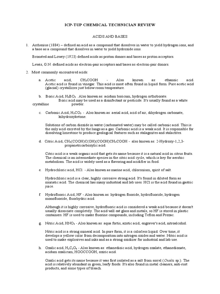 Icp Tup Chem Tech Review Acids and Bases | PDF | Acid | Ph