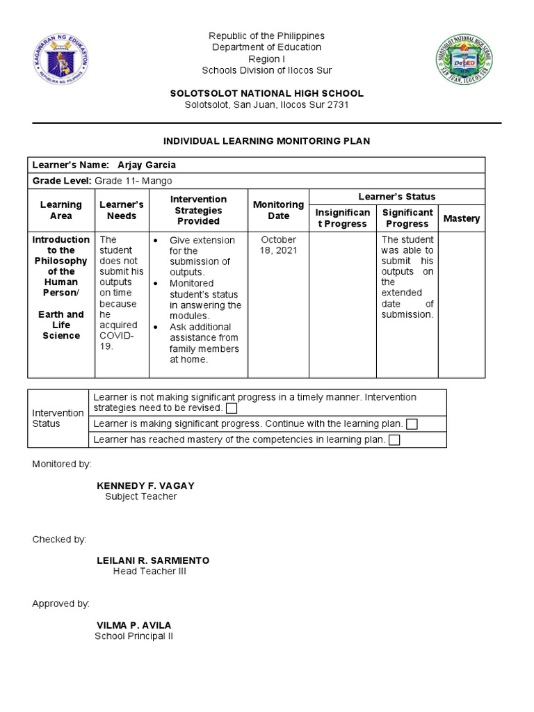 Individual Learning Monitoring Plan Template | PDF | Learning | Behavior Modification