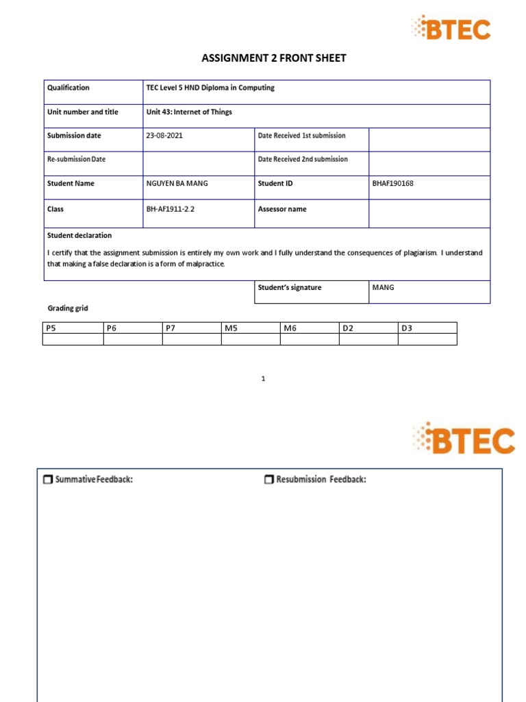 Assignment 2 Front Sheet: Qualification TEC Level 5 HND Diploma in Computing | PDF | Internet Of ...