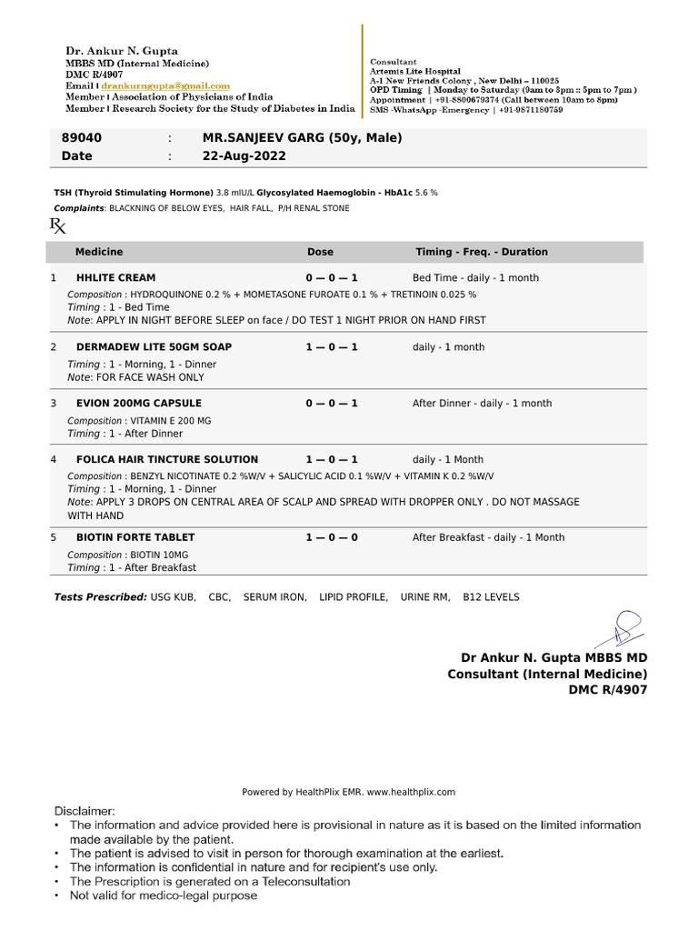 MR - SANJEEV GARG (50y, Male) Date 22-Aug-2022: Medicine Dose Timing ...