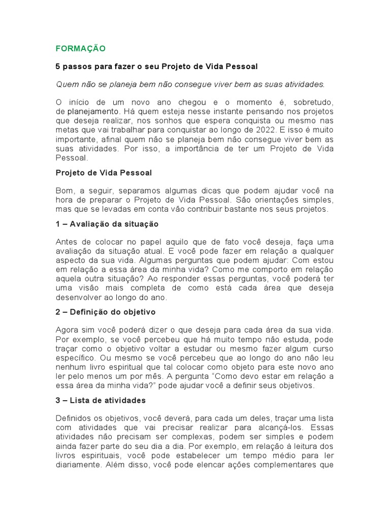 5 Passos Para Fazer O Seu Projeto De Vida Pessoal Pdf Vida Tempo