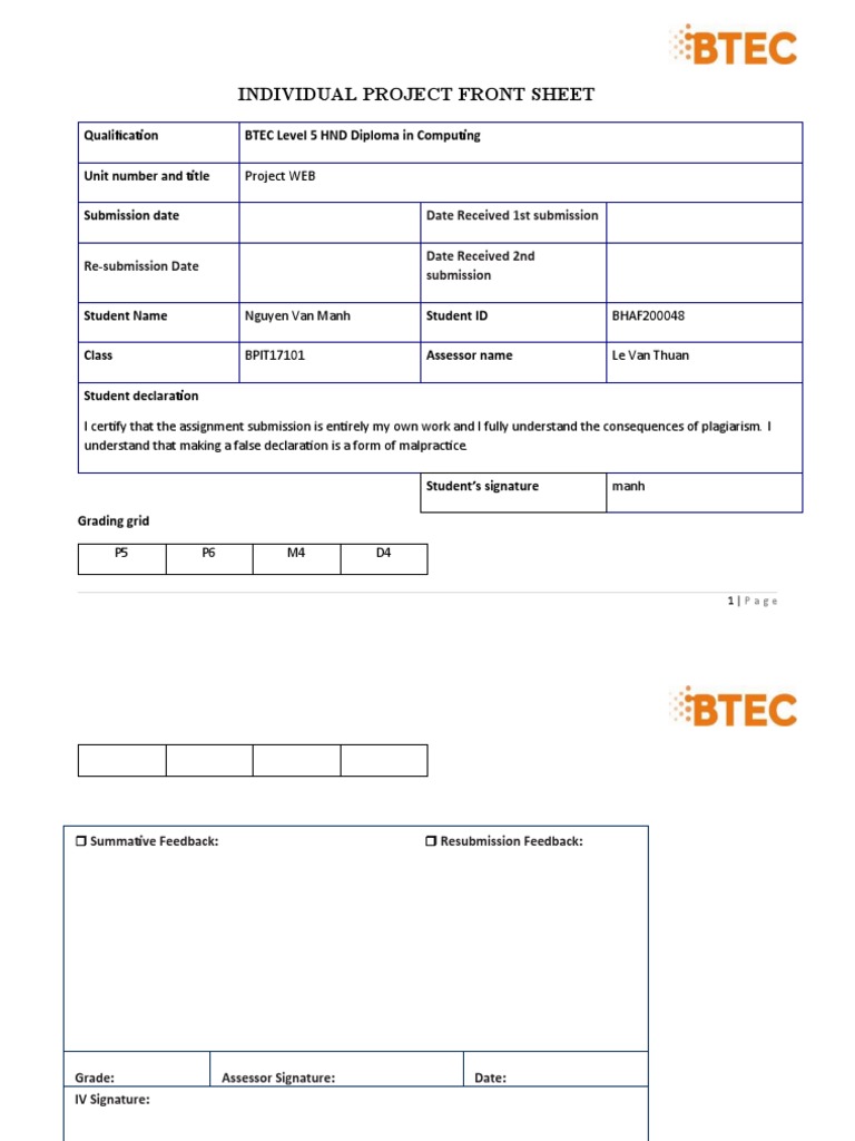 Individual Project Front Sheet: Qualification BTEC Level 5 HND Diploma ...