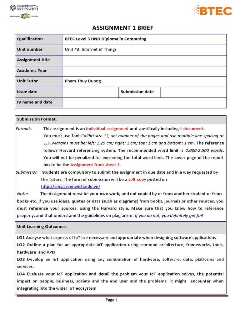 43-IoT - Assignment Brief 2 2018 - 2019 - Guidance | PDF | Internet Of Things | Application Software