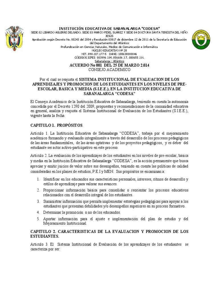 Sistema de Evaluación en CODESA Sabanalarga | PDF | Evaluación | Método de enseñanza