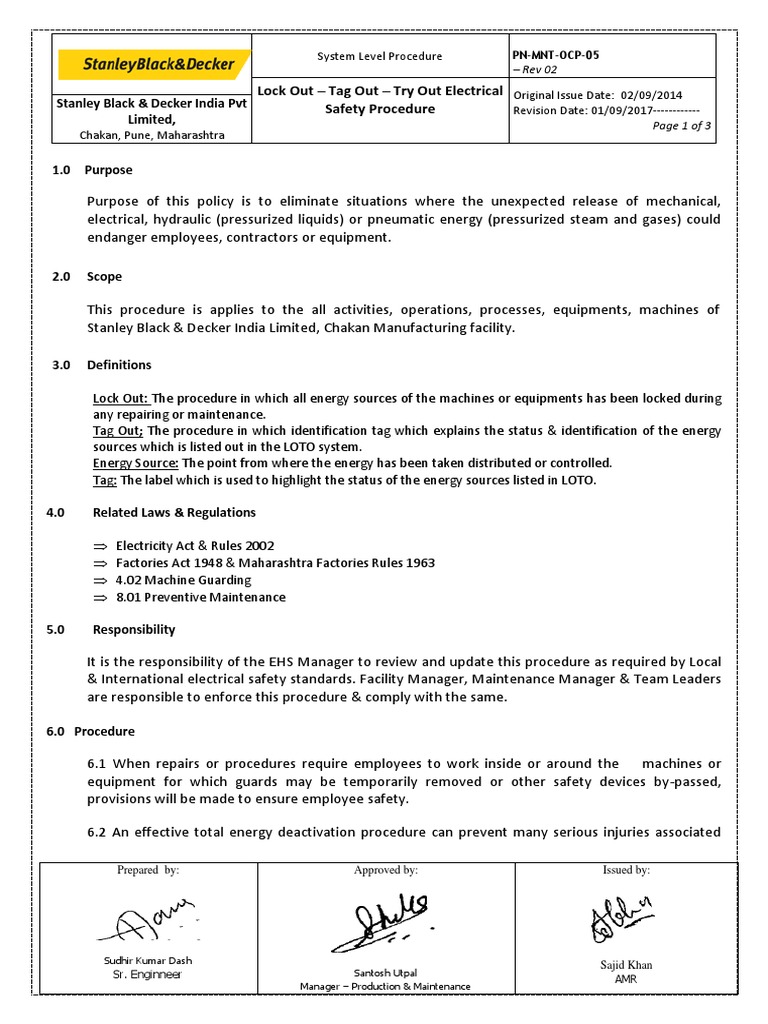4.01 LOTO - Electrical Safety Procedure | PDF | Safety