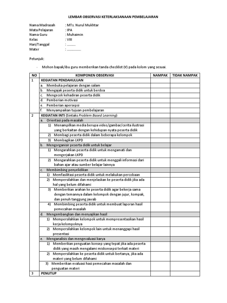 Lembar Observasi Keterlaksanaan Pembelajaran. | PDF