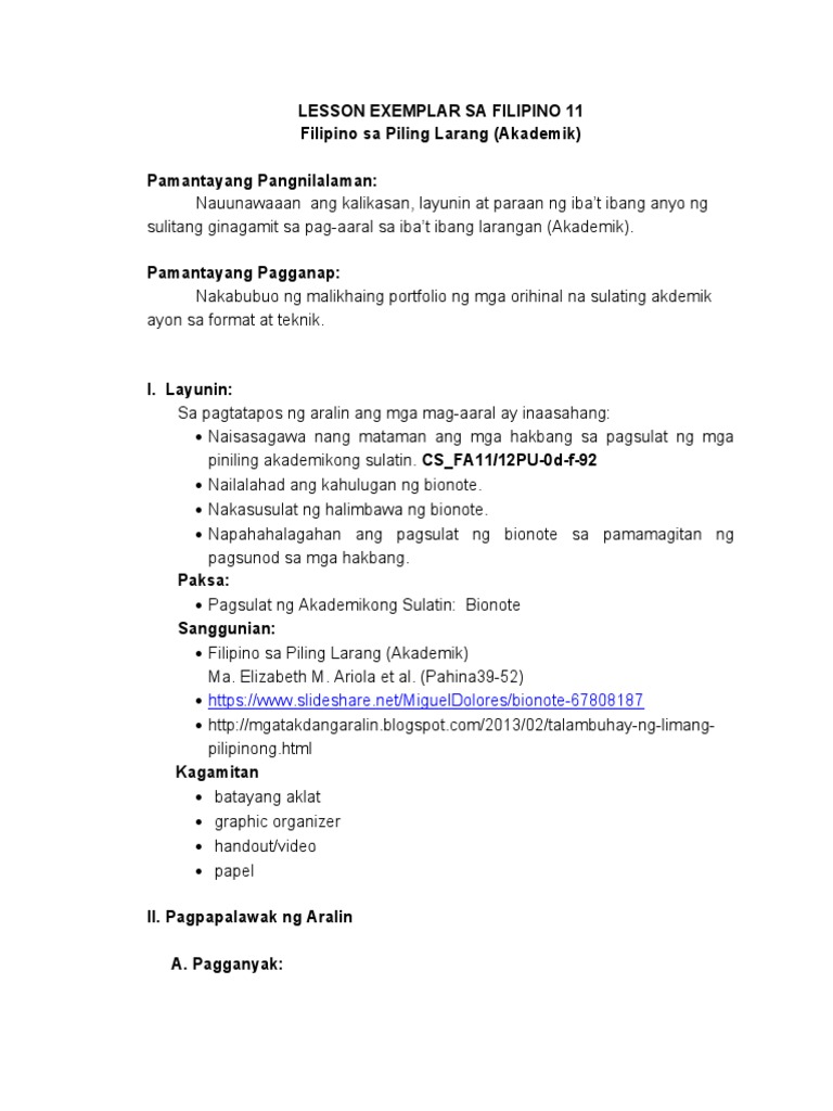 4.-LESSON-EXEMPLAR-Bionote-piling-larang-akademiko | PDF