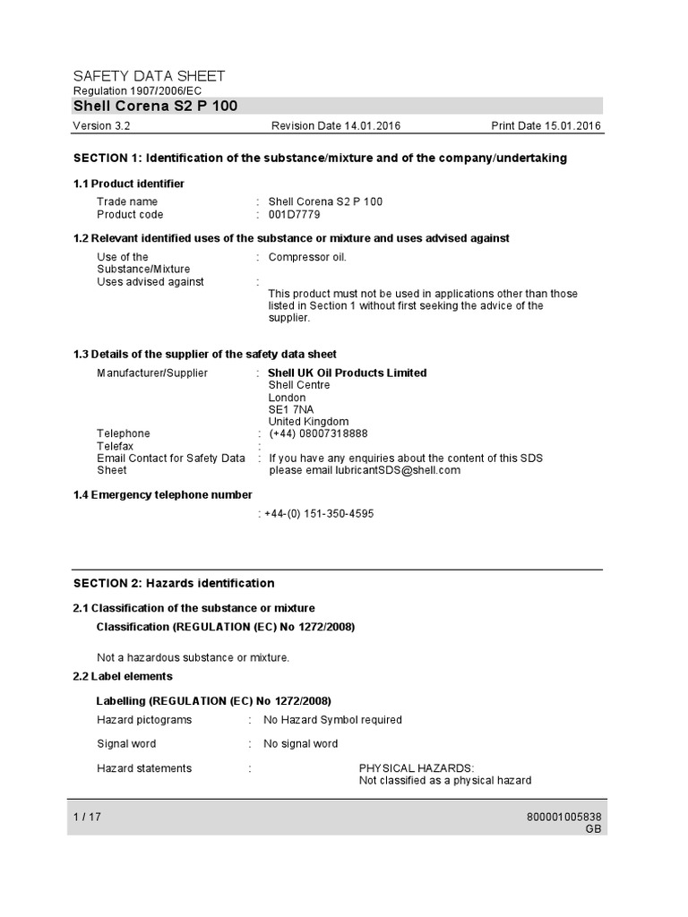 Shell Corena S2 P 100: Safety Data Sheet | PDF | Dangerous Goods | Toxicity