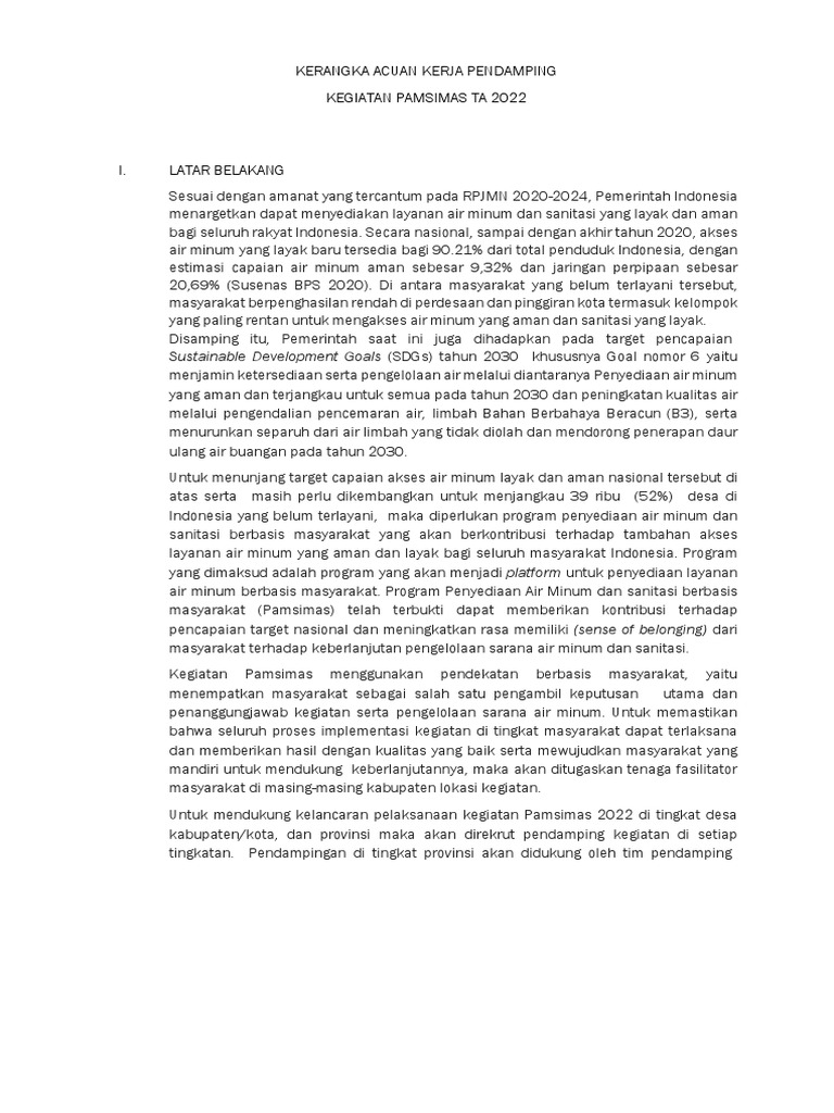 Kerangka Acuan Kerja Pendamping Kegiatan Pamsimas Ta 2022 | PDF