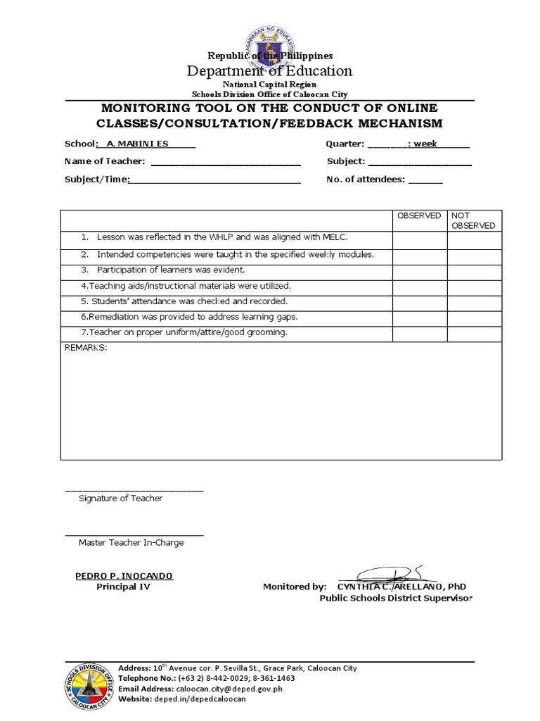 Department of Education: Monitoring Tool On The Conduct of Online ...