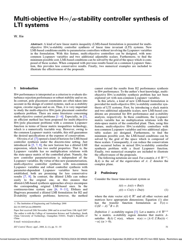 Xie 2008 Multi-Objective H-Infinity Alpha-Stability Controller Synthesis of LTI Systems | PDF ...