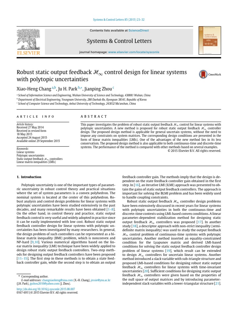 Chang 2015 Robust Static Output Feedback H-Infinity Control Design For Linear Systems With ...
