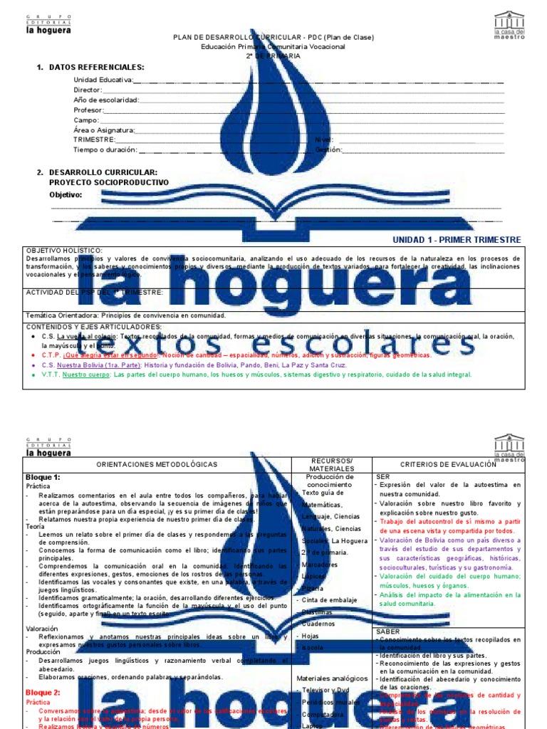 PDC 2 Primaria Bloque | PDF | Bolivia | Educación primaria