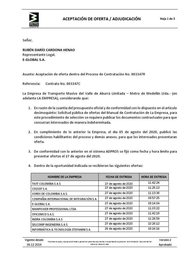 Carta de Aceptaciขn de Oferta | PDF | Itil