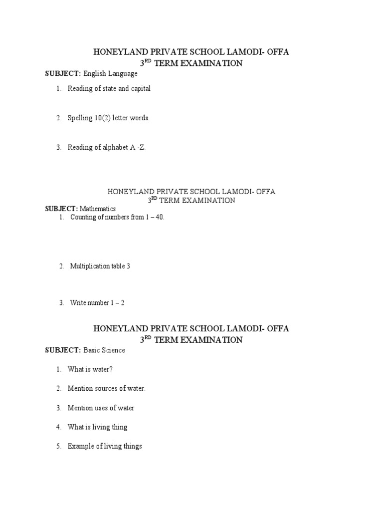 Honeyland Private School Lamodi-Offa 3 Term Examination: SUBJECT ...