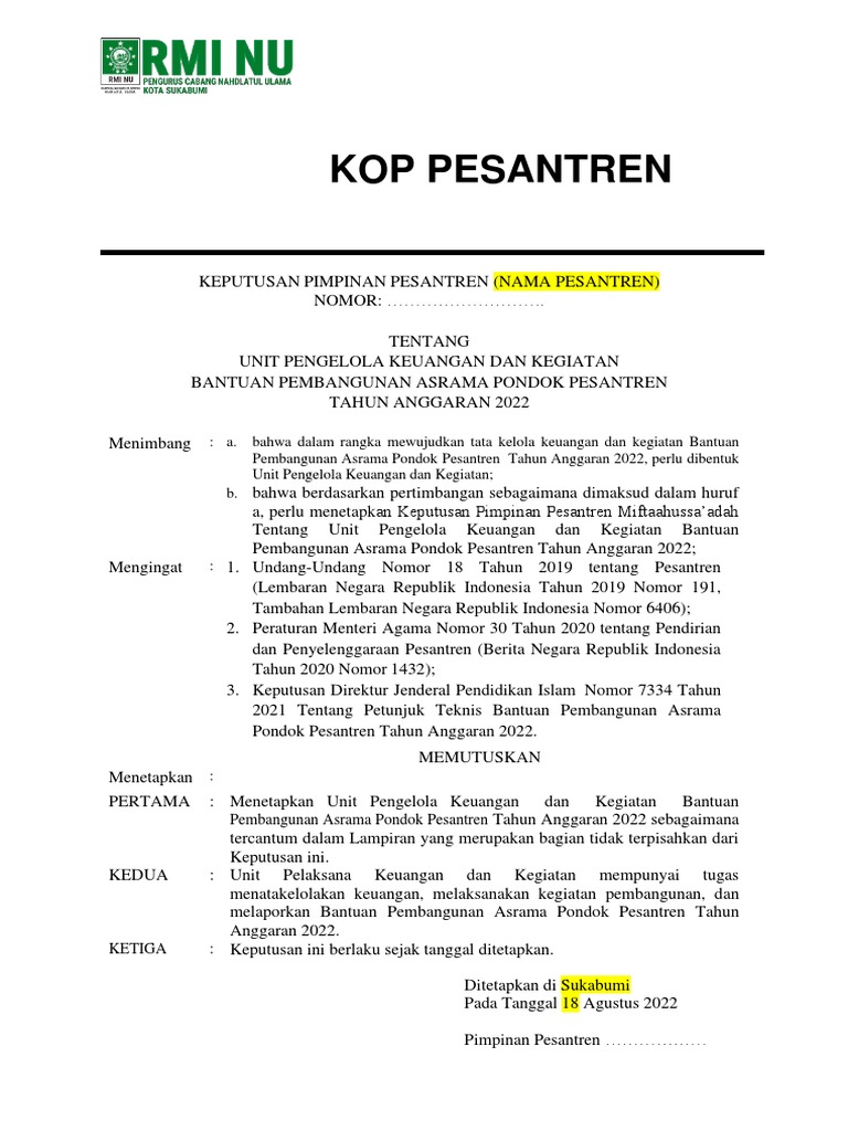 Surat Keputusan UPK2B Pembangunan Asrama Pondok Pesantren TA 2022 | PDF | Karier & Perkembangan ...
