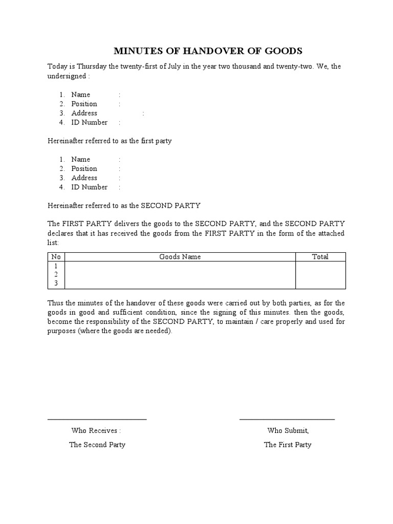 Minutes of Handover of Goods | PDF