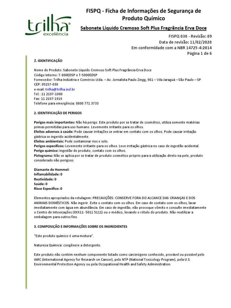 Ficha de Segurança do Sabonete Líquido Cremoso Soft Plus com Fragrância ...