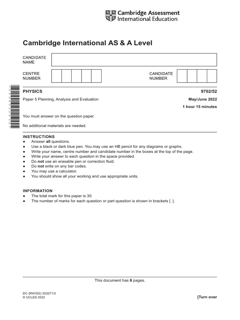 Cambridge International AS & A Level: PHYSICS 9702/52 | PDF | Stars ...