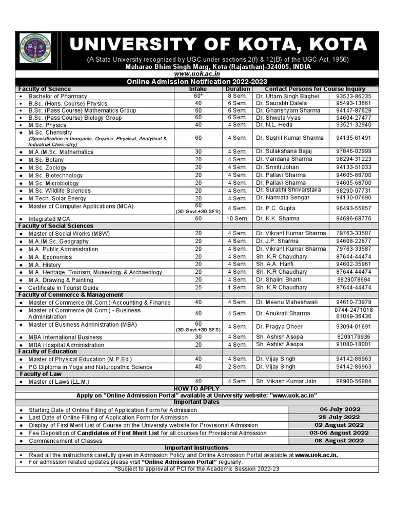 UOK Admission Notification 2022 23 | PDF | Academic Degree | Vocational ...