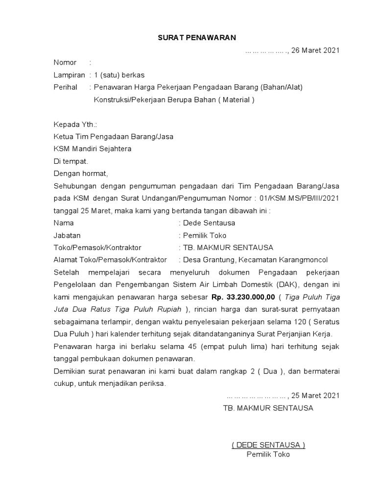 Surat Penawaran Pemenang Lelang | PDF