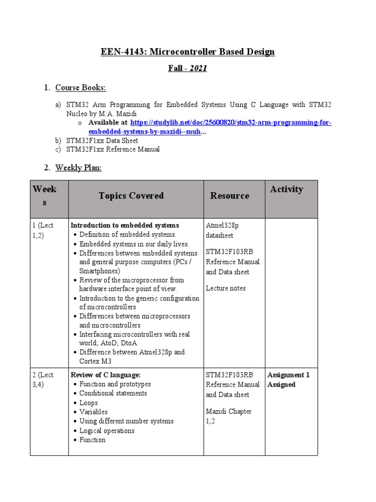 EEN-4143: Microcontroller Based Design: 1. Course Books | PDF | Microcontroller | Embedded System