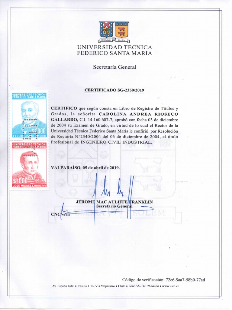 Certificado de Título Carolina Rioseco | PDF