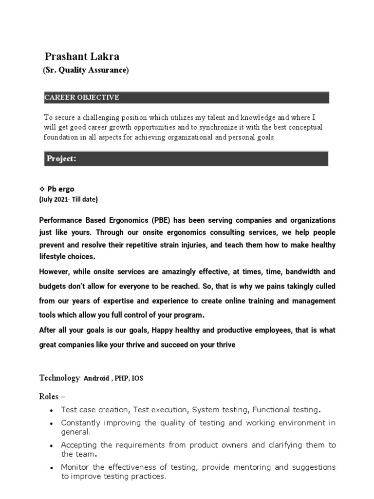 Prashant Lakra: (Sr. Quality Assurance) | PDF | Career & Growth
