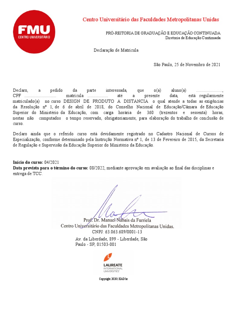 Declaracao - Matricula - Fmu | PDF
