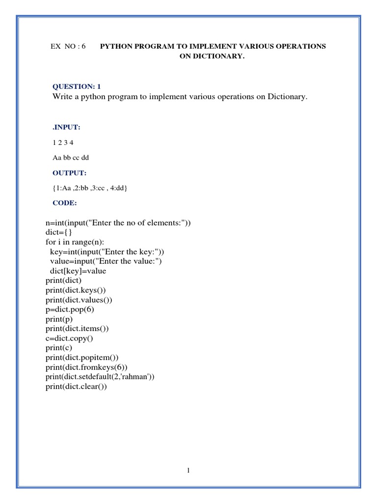 Ex No: 6: Python Program To Implement Various Operations On Dictionary ...