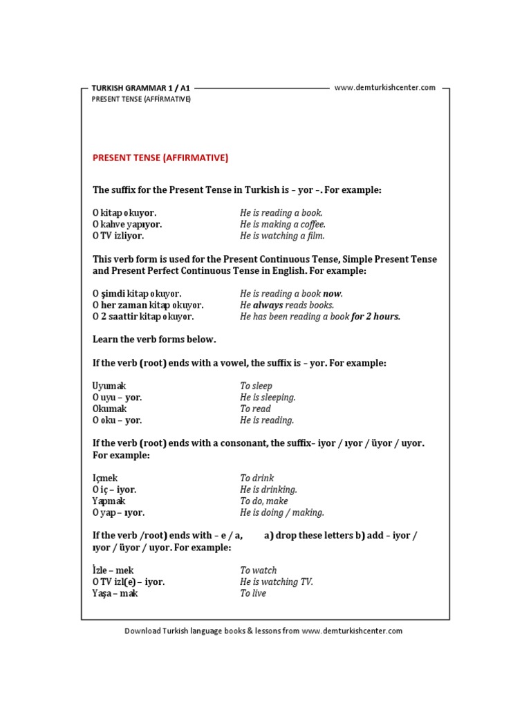 Turkish A1 Present Tense Guide | PDF | Human Communication | Linguistics