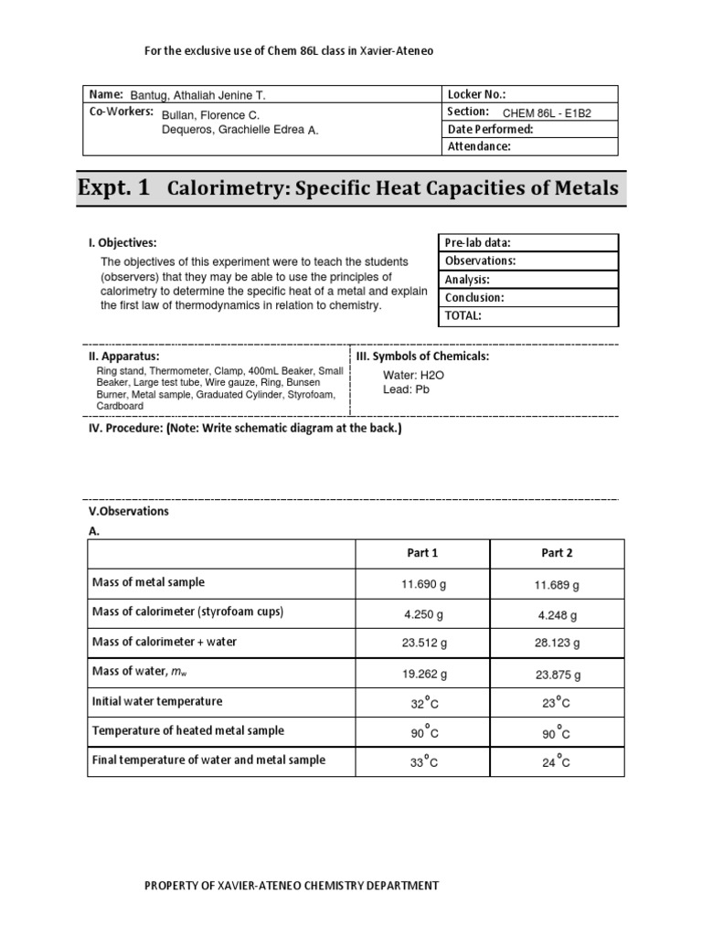 Lab Report 1 - Calorimetry: Specific Heat Capacities of Metals | PDF ...