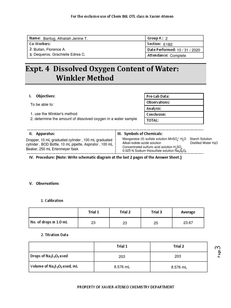 Lab Report 4 - Dissolved Oxygen Content of Water: Winkler Method | PDF ...