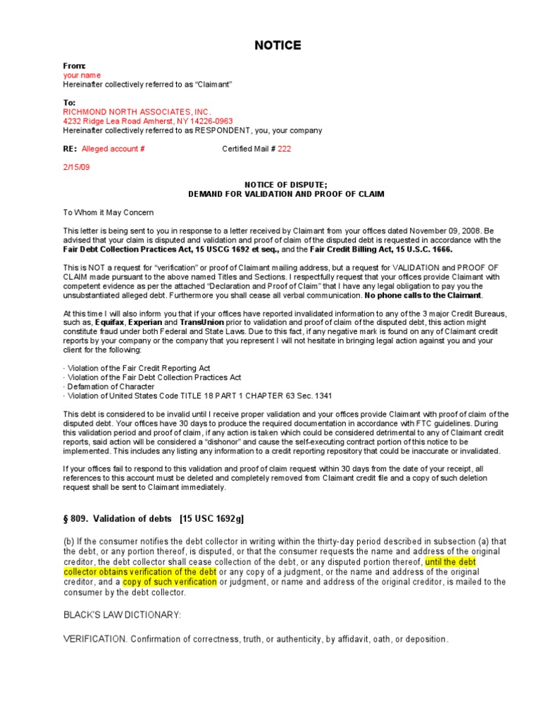 Debt Dispute and Validation Notice | PDF | Collection Agency | Arbitration