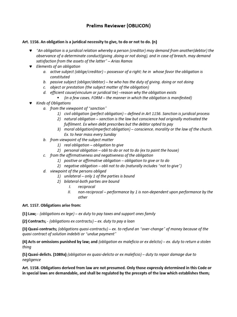 Oblicon - Prelims Reviewer | PDF | Guarantee | Negligence