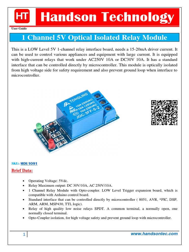 Handson Technology: 1 Channel 5V Optical Isolated Relay Module | PDF ...